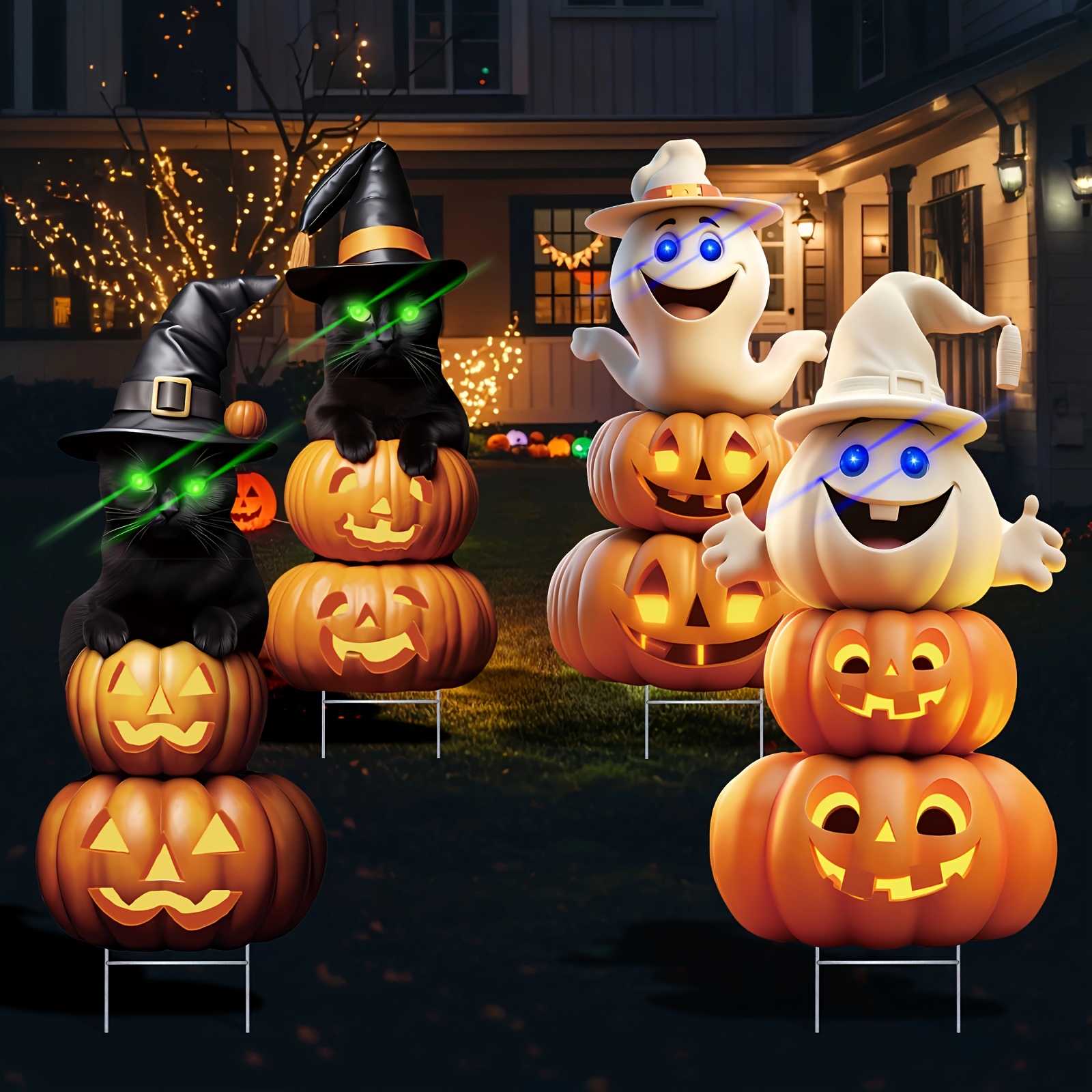 4pcs Halloween Outdoor Decorations - 2×4ft Ghost + 2×4ft Cat Yard Signs ...
