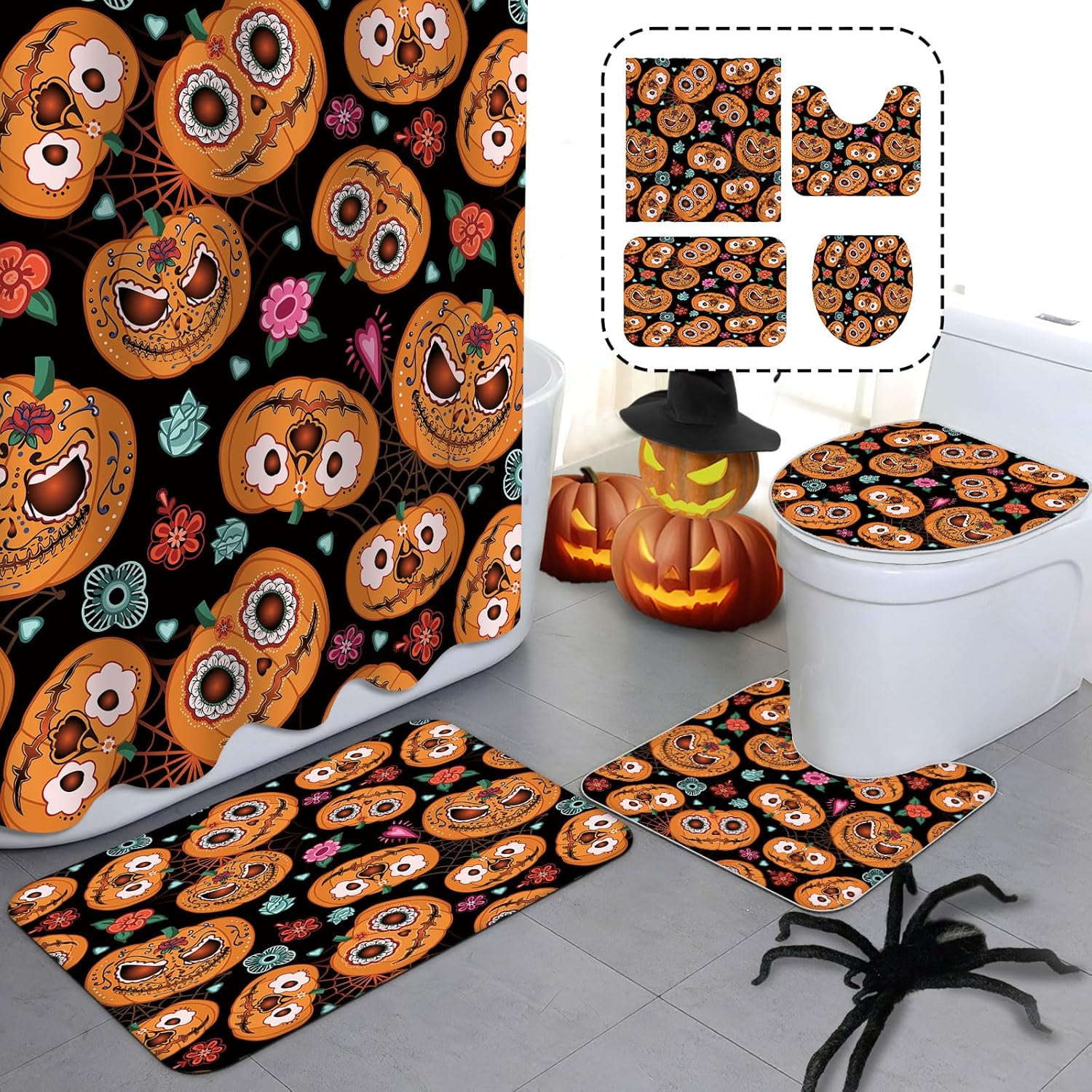 4pcs Halloween Pumpkin Shower Curtain Set,Evil Pumpkin Shower Curtain ...