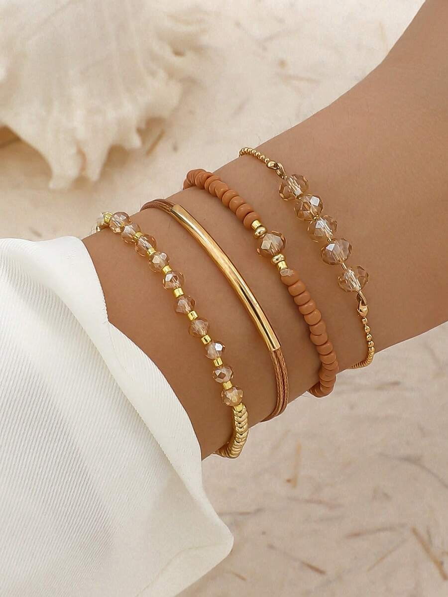 4pcs Khaki Tone Beaded Wrap Bracelet Set, Asymmetrical Rice Bead ...