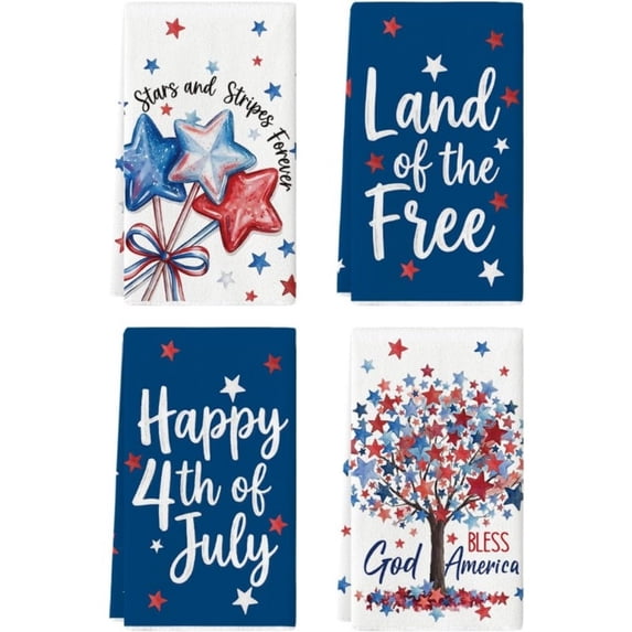 4pcs Kitchen Towel Bow Balloon Star Tree Pattern 4th Of July Absorbent ...