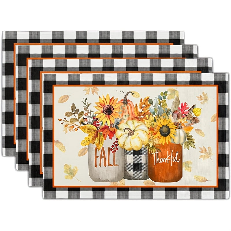 4pcs, Linen Fall Sunflower and Pumpkin Linen Placemats Set of 4 12x18 ...