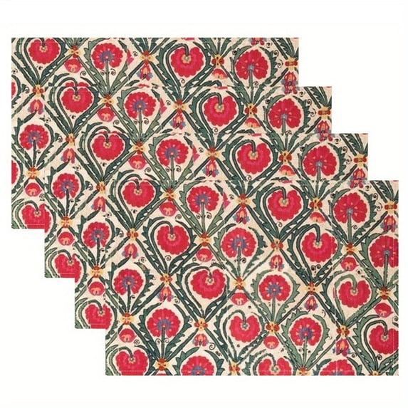 4pcs Linen Placemats Set, 12x18 Inches Red Flower and Green Leaf ...