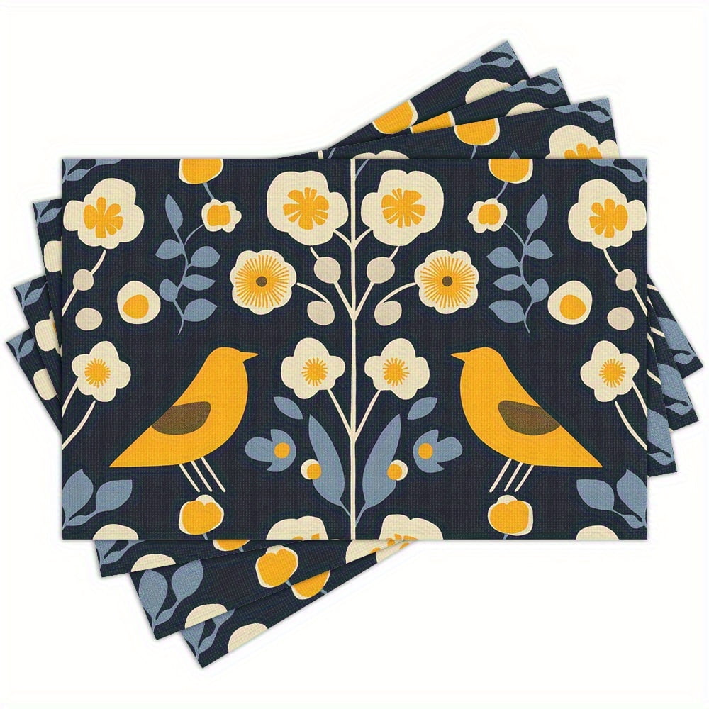 4pcs Linen Placemats Set with Yellow Bird and Floral Design, 12x18 ...