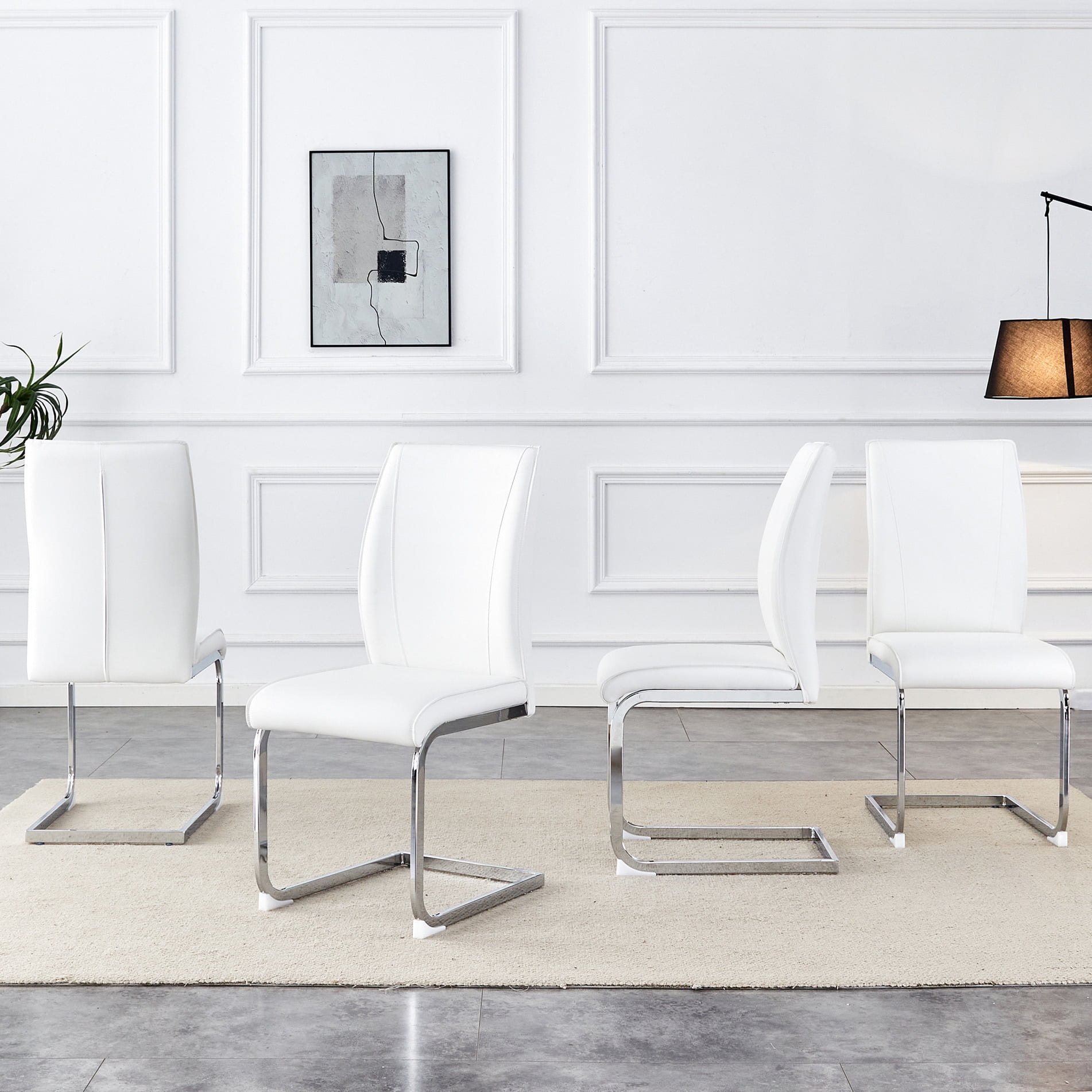 4pcs Luxury Simple Dining Chair - White Pu Seat And Back, Arched Metal ...