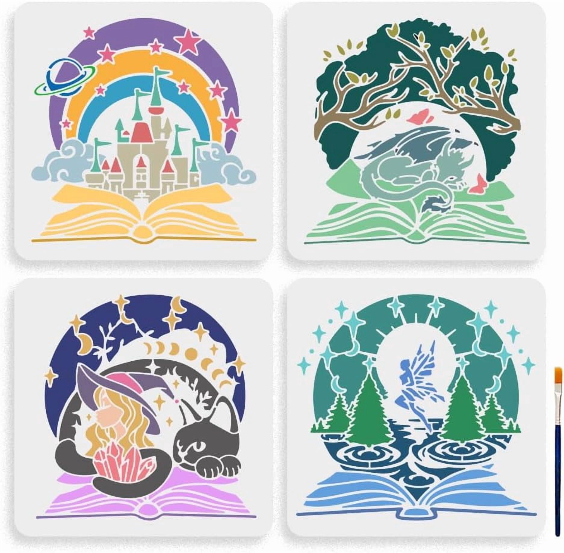 4pcs Magic Book Stencil 11.8×11.8inch Large Castle Cat Elf Forest ...