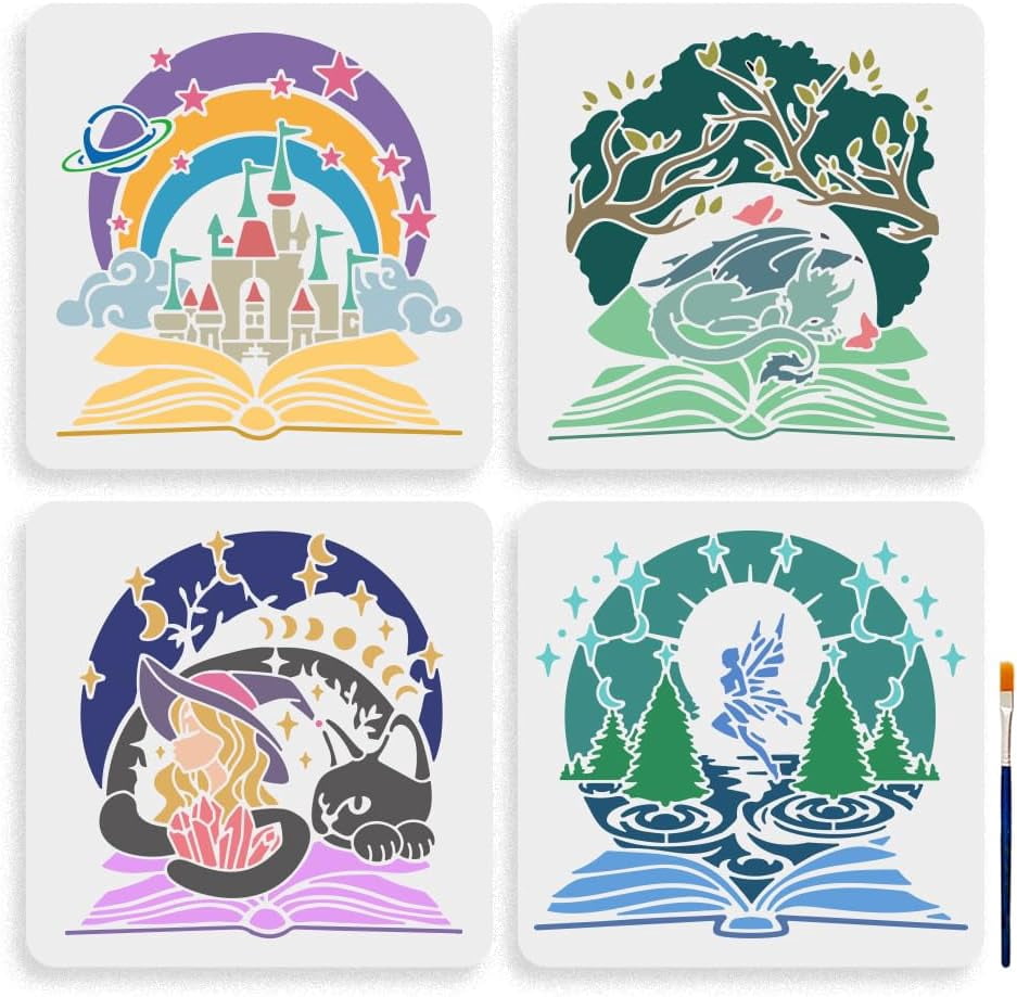 4pcs Magic Book Stencil 11.8×11.8inch Large Castle Witch Cat Elf Forest ...