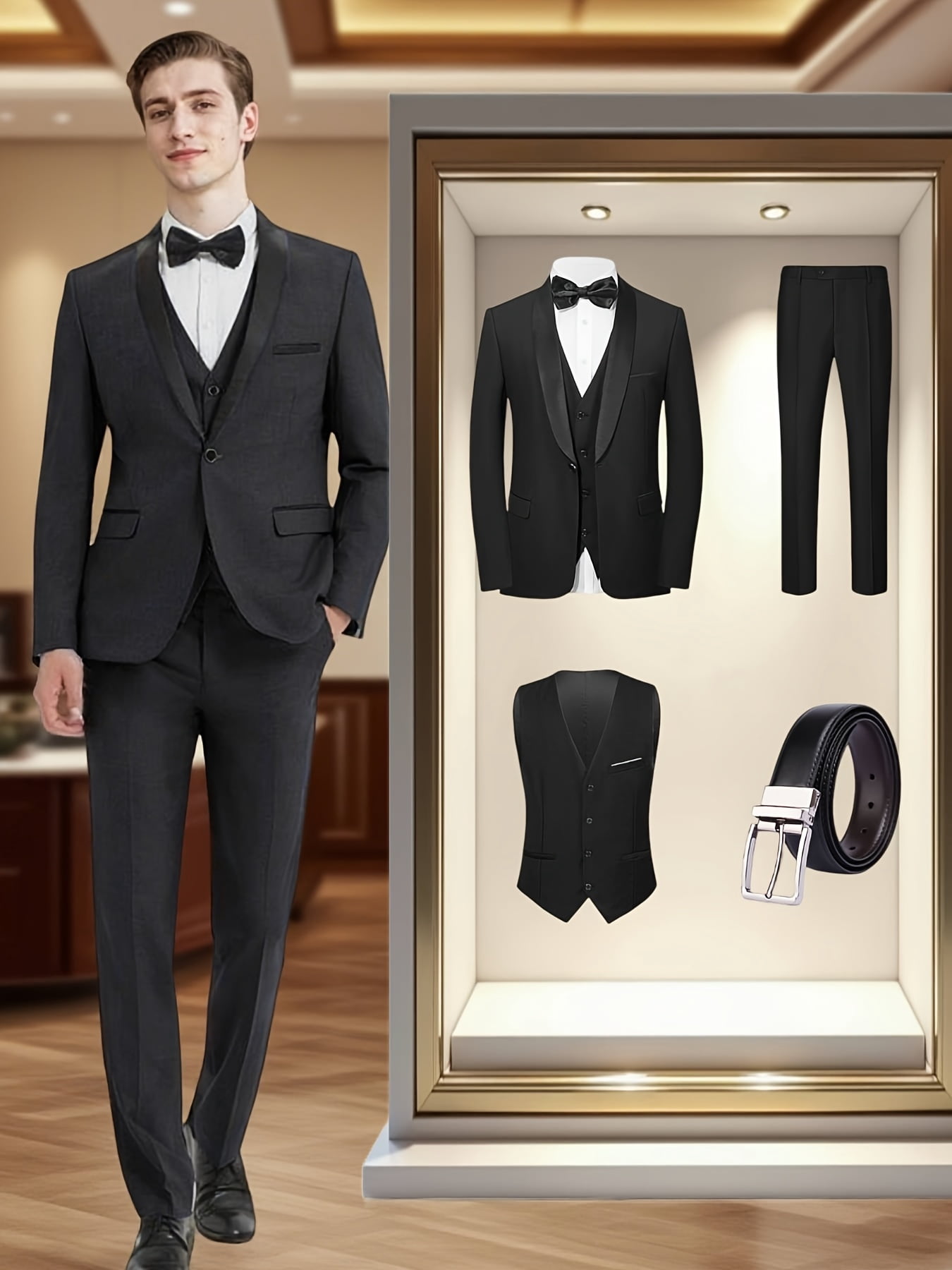 4pcs Men Suit Tuxedo Vest Pants Belt Shawl Collar Single Breasted One ...