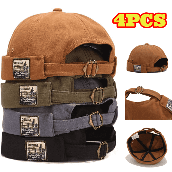 4pcs Men's Cotton Skull Cap, Patch Brimless Sailor Cap, Retro Rolled ...