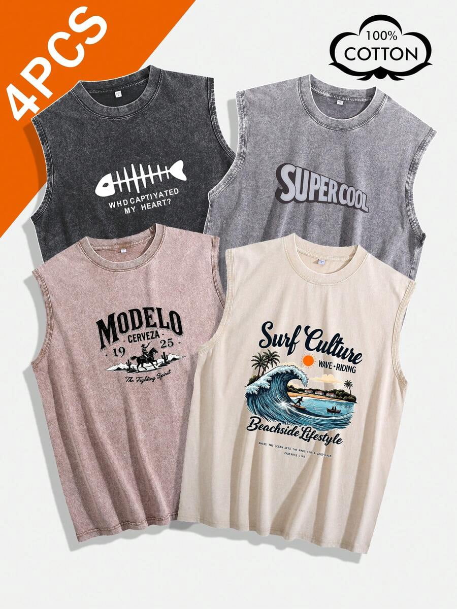 4pcs Mens Vintage Washed Tank Tops Black Gray Brown Apricot Graphic ...