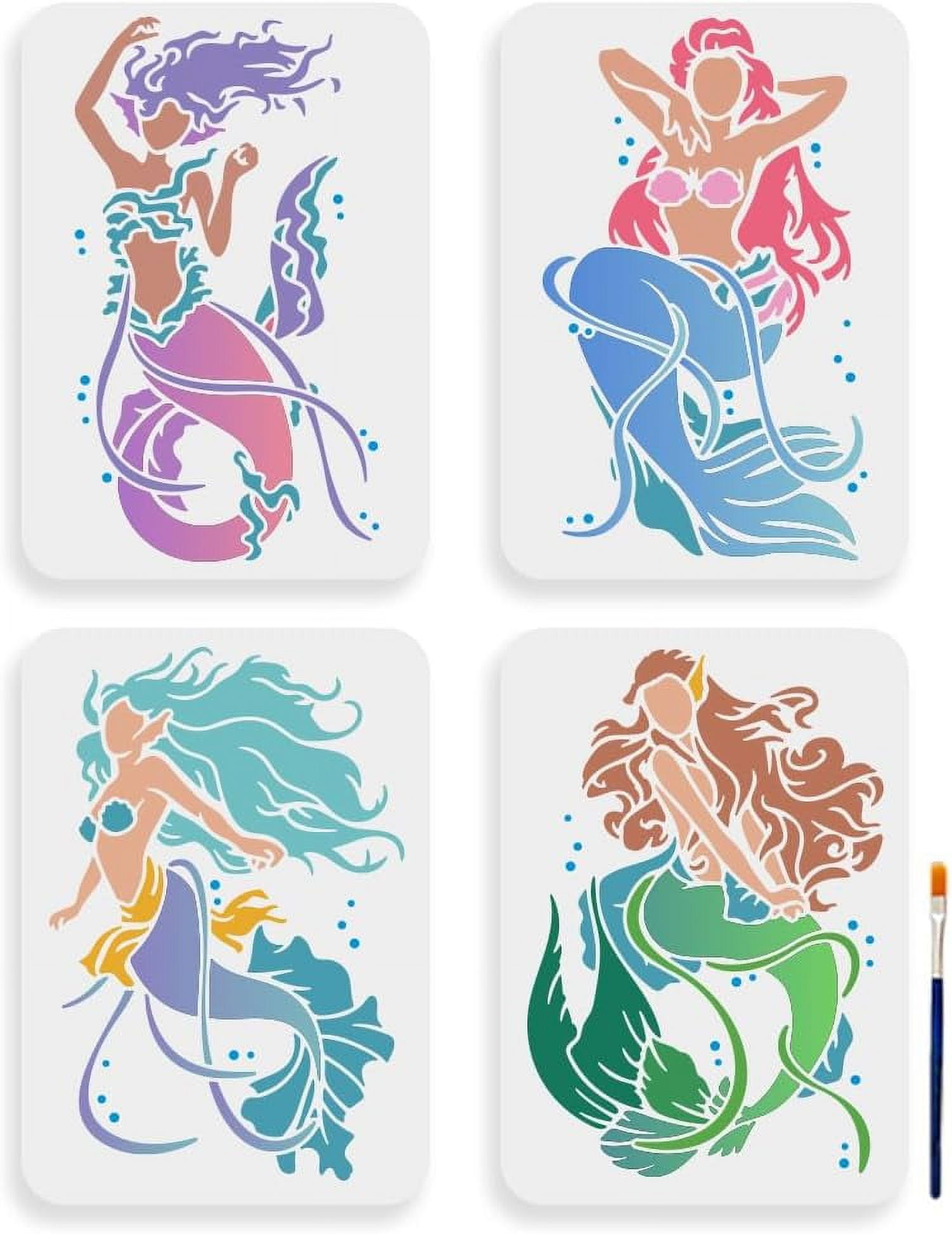 4pcs Mermaid Stencil 11.7×8.3inch Large Sea Ocean Creatures Stencils ...