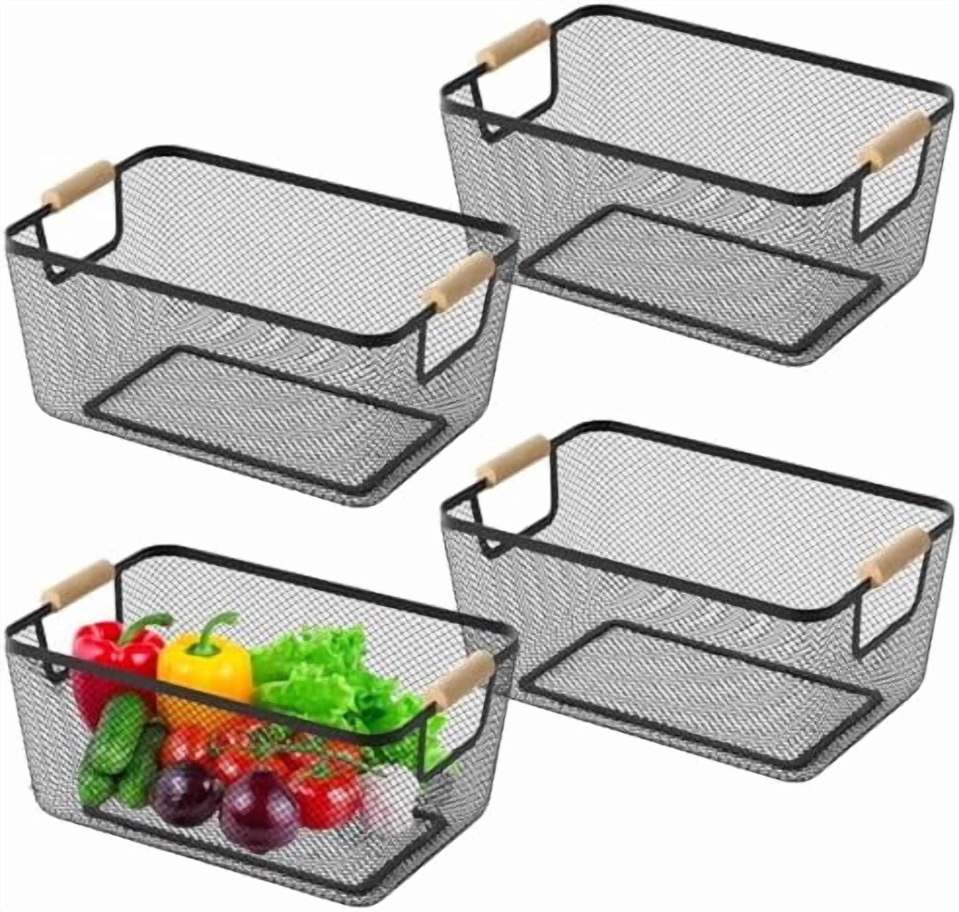 4pcs Metal Mesh Basket with Wooden Handles,Metal Mesh Wire Storage ...