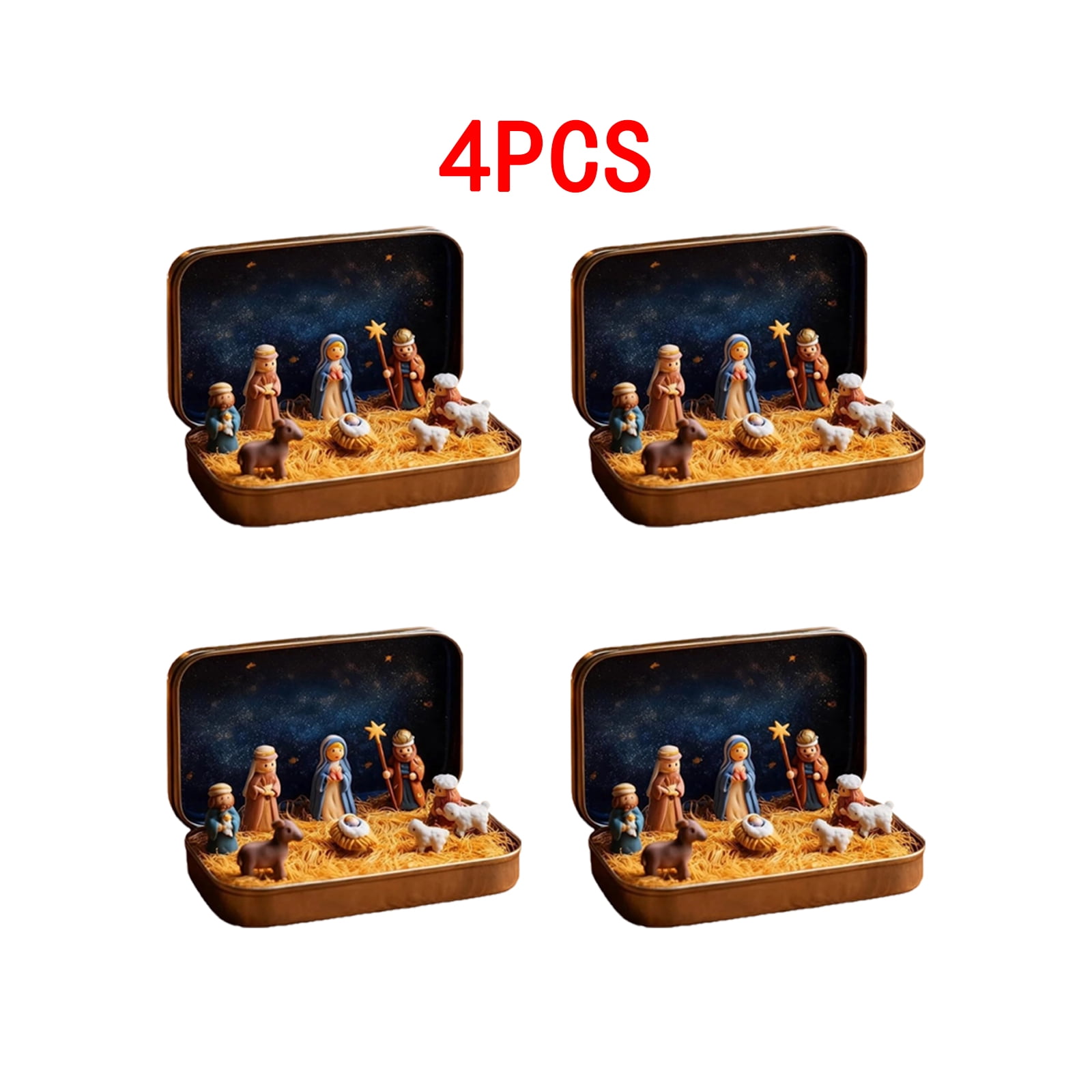 4pcs Mini Christmas Nativity Set in Tin Box - Holy Family Figurines ...