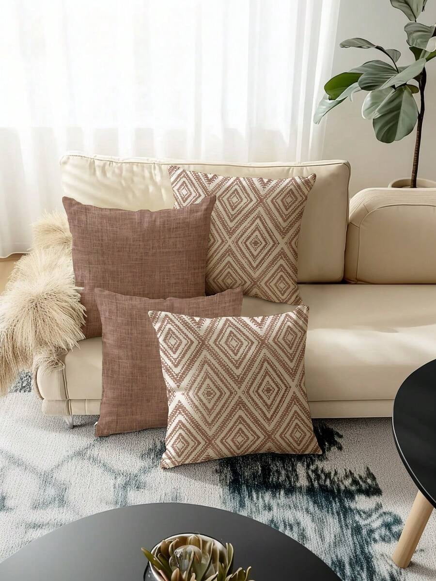 4pcs Mocha Mousse Color Decorative Pillow Covers, Geometric & Solid ...