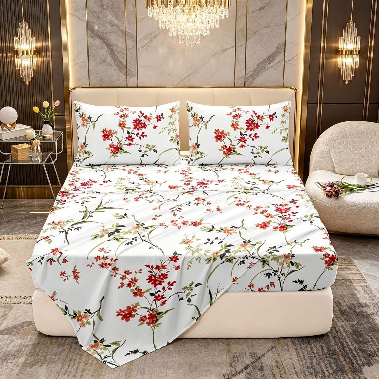 4pcs Modern Fresh Pastoral Style Red Flower Green Leaf Bedding Set ...