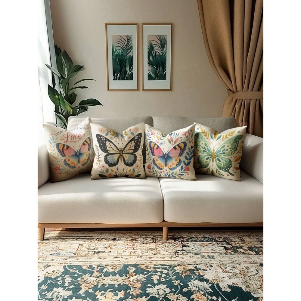 4pcs Multicolor Botanical Butterfly Print Pillow Covers, Zippered ...