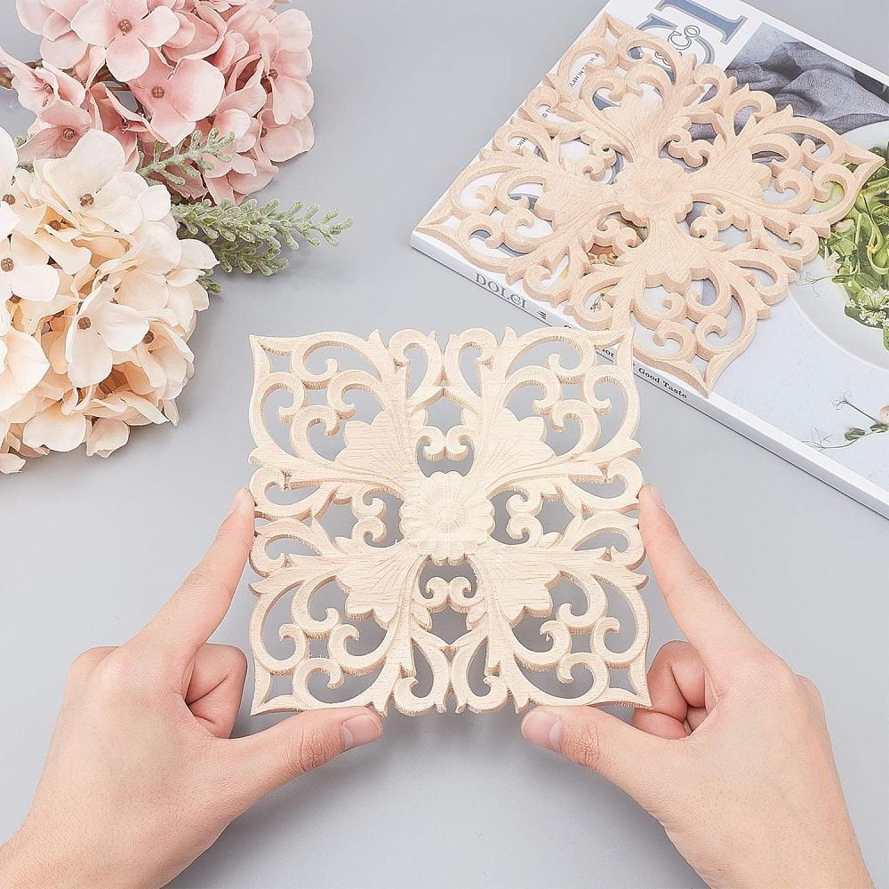 4pcs Natural Solid Wood Carved Onlay Applique Craft Unpainted Onlay ...