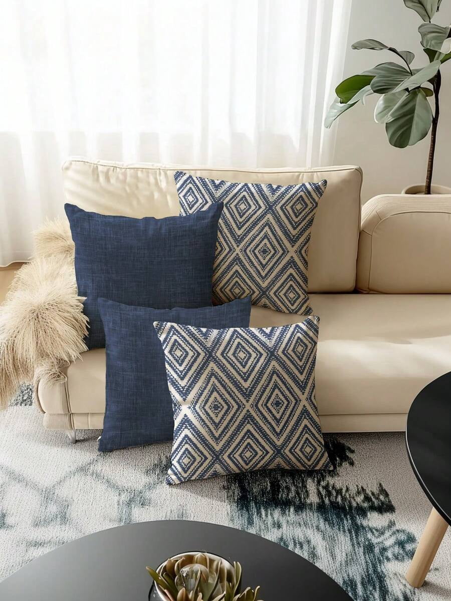 4pcs Ocean Blue Decorative Pillow Covers, Geometric & Solid Linen-Like ...