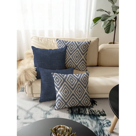 4pcs Ocean Blue Decorative Pillow Covers, Geometric & Solid Linen-Like ...