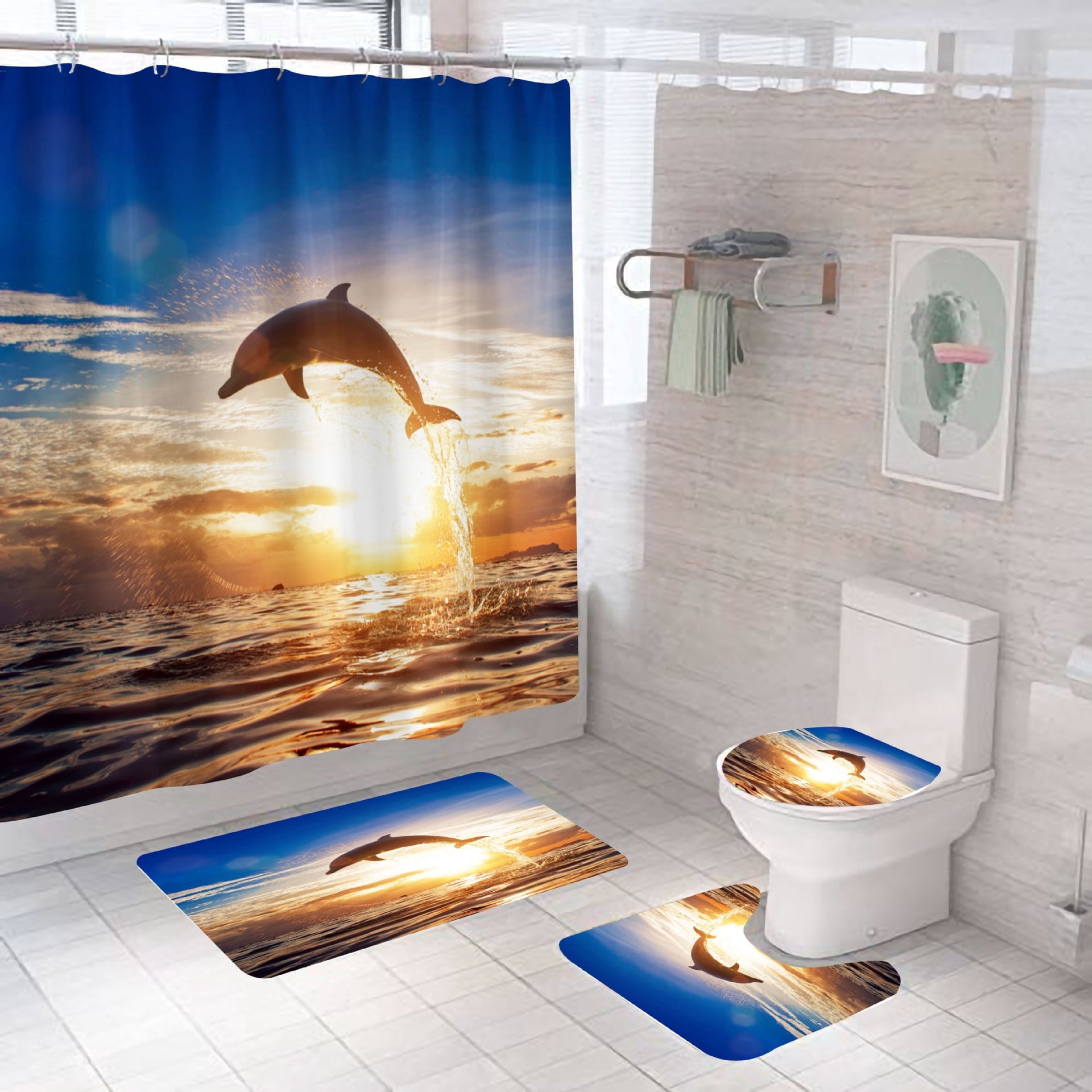 4pcs Ocean Theme Shower Curtain/Bath Mat/Pedestal Rug/Toilet Cover 72 ...