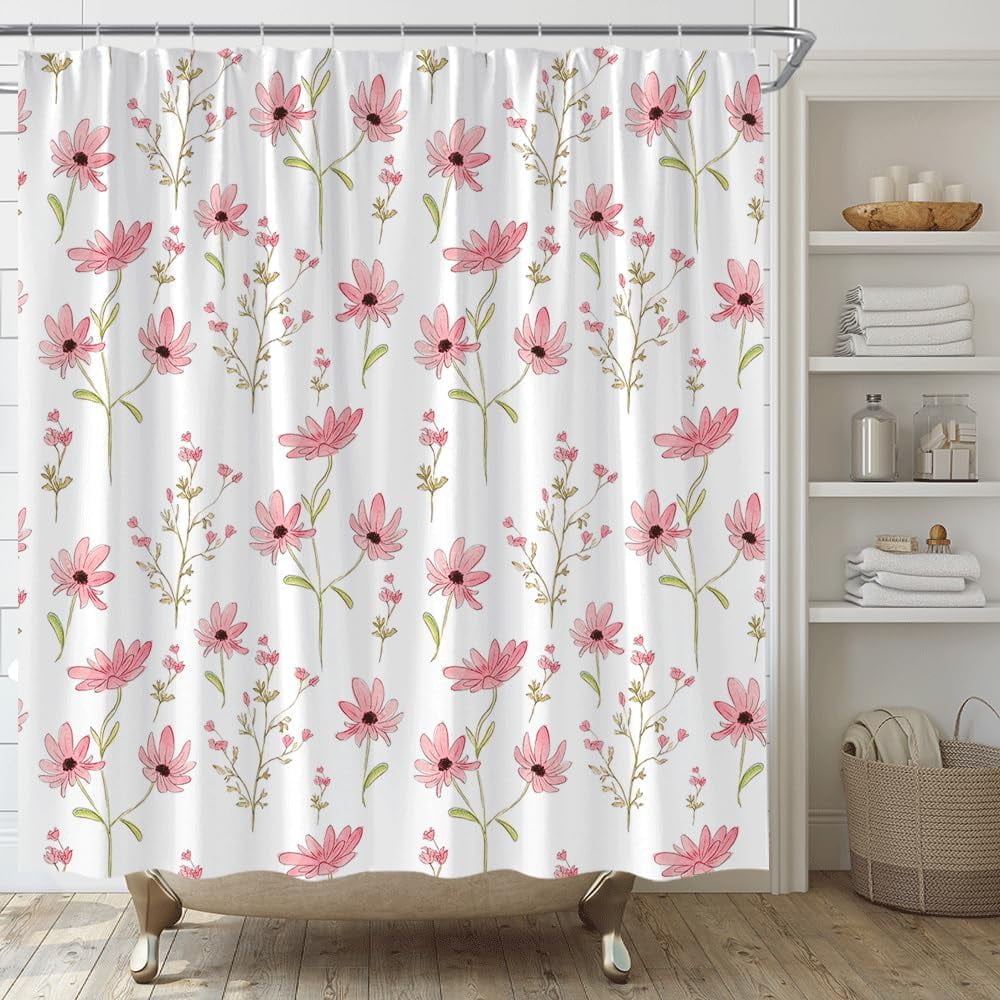 4pcs Orange Floral Shower Curtain Set With Rug Vintage Watercolor