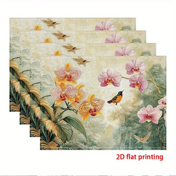 4pcs, Orchids and birds Pattern placemats, fashion print pattern table ...