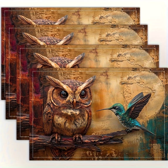 4pcs Owl and Hummingbird Neighbor Placemats, Stylish Printed Table Mats ...