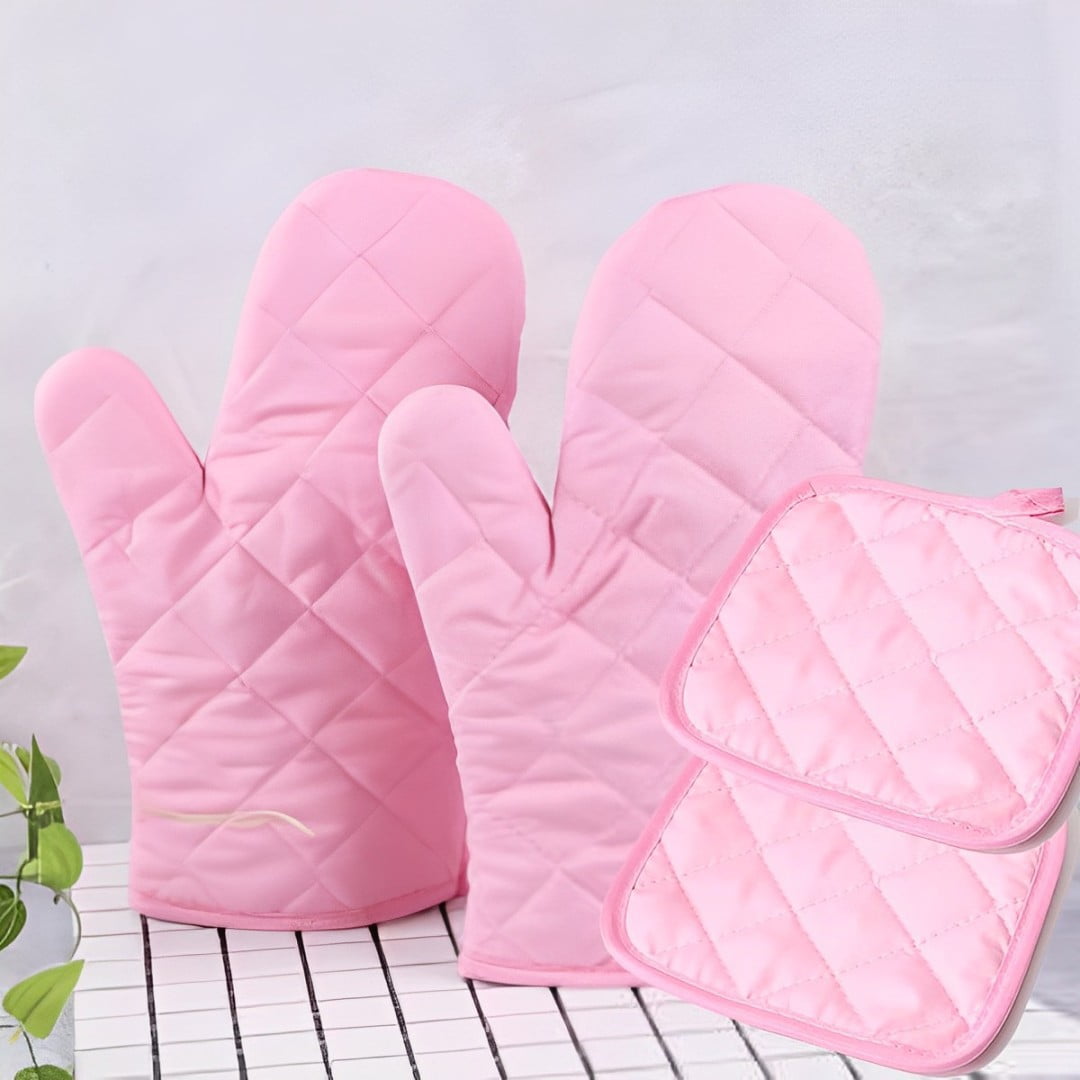 4pcs Pink Solid Polyester Fabric Print Oven Mitts & Pot Holders Set ...