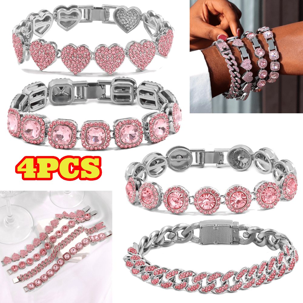 4pcs Pink Tennis Bracelets for Women, Layered Heart Round Diamond Cuban ...