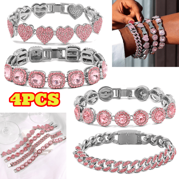 4pcs Pink Tennis Bracelets for Women, Layered Heart Round Diamond Cuban ...