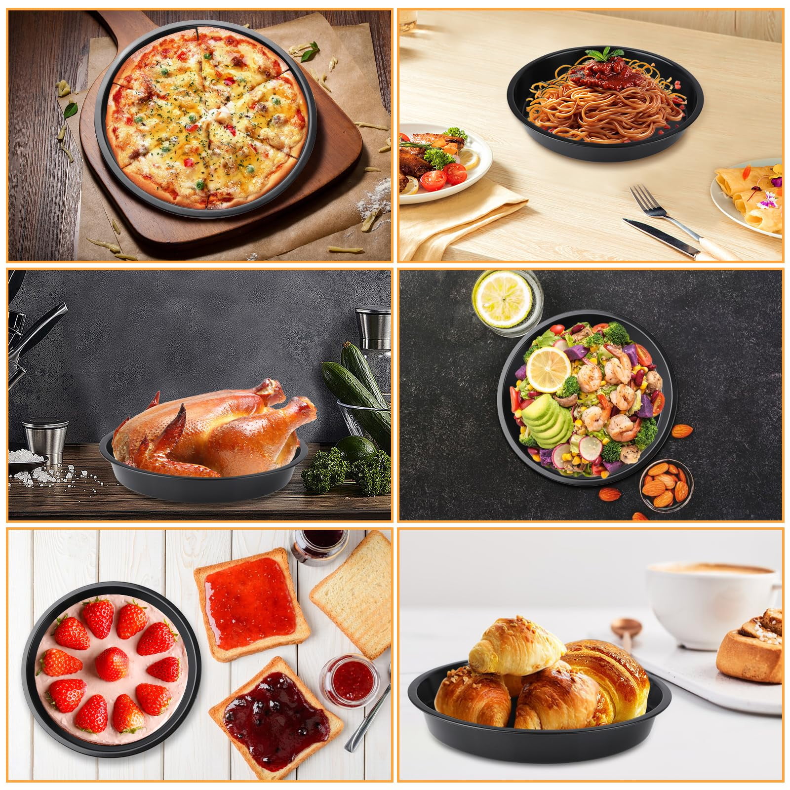 4pcs Pizza Tray, Black Pizza Tray Round, Diameter 22 cm, Non-Stick Pizza Plate, Large Pizza ...