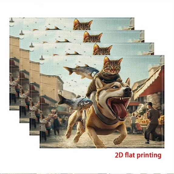 4pcs Placemats, Cats, Dogs, and Fish in a Market Scene Theme placemats ...