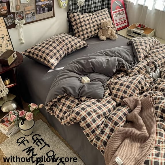 4pcs Plaid Pattern Bedding Set - Washable Bed Sheet, Duvet Cover ...