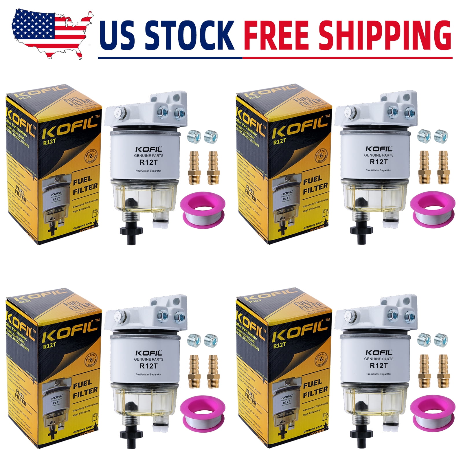 4pcs R12T Fuel Filter Marine Water Separator Complete Kit Replaces ...