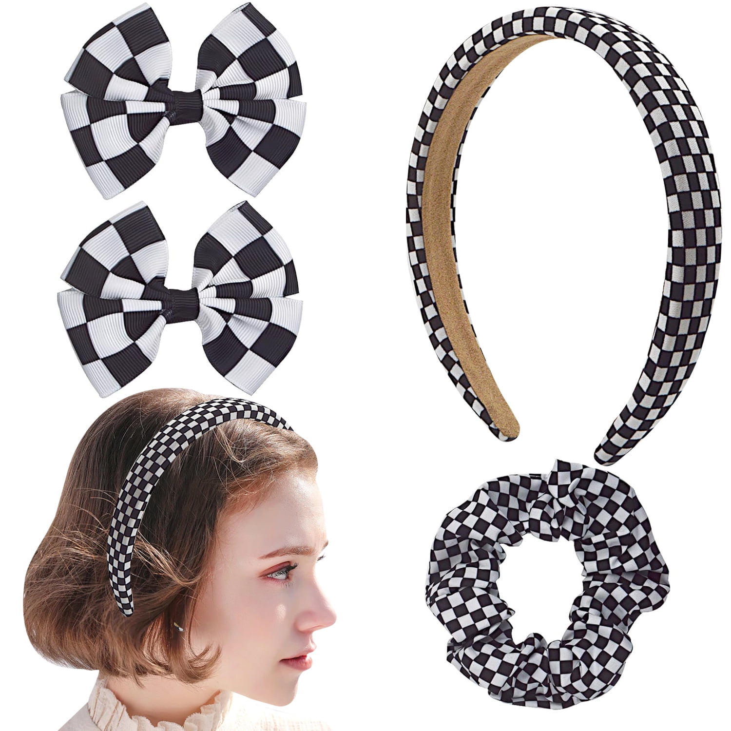 4pcs Racing Checkered Flag Bow Hair Clips & Accessories - Black & White ...