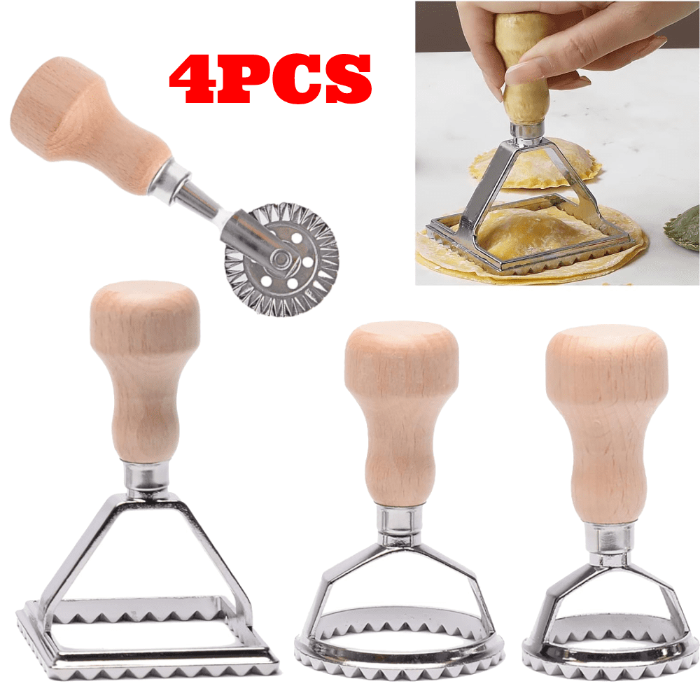 4pcs Ravioli Stamp Maker Cutter with Roller Wheel Set, Mold with Wooden ...