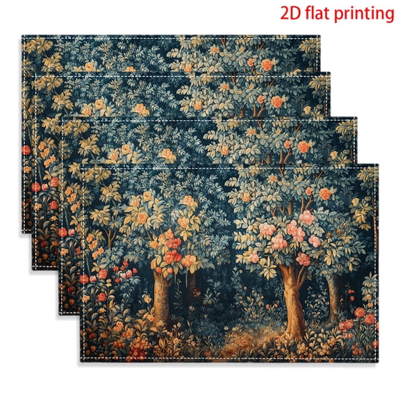 4pcs Rectangle Flax placemats,Classical-style trees and flower ...
