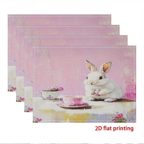 4pcs Rectangle placemats,Cute rabbits and tea sets Theme table mat, for ...
