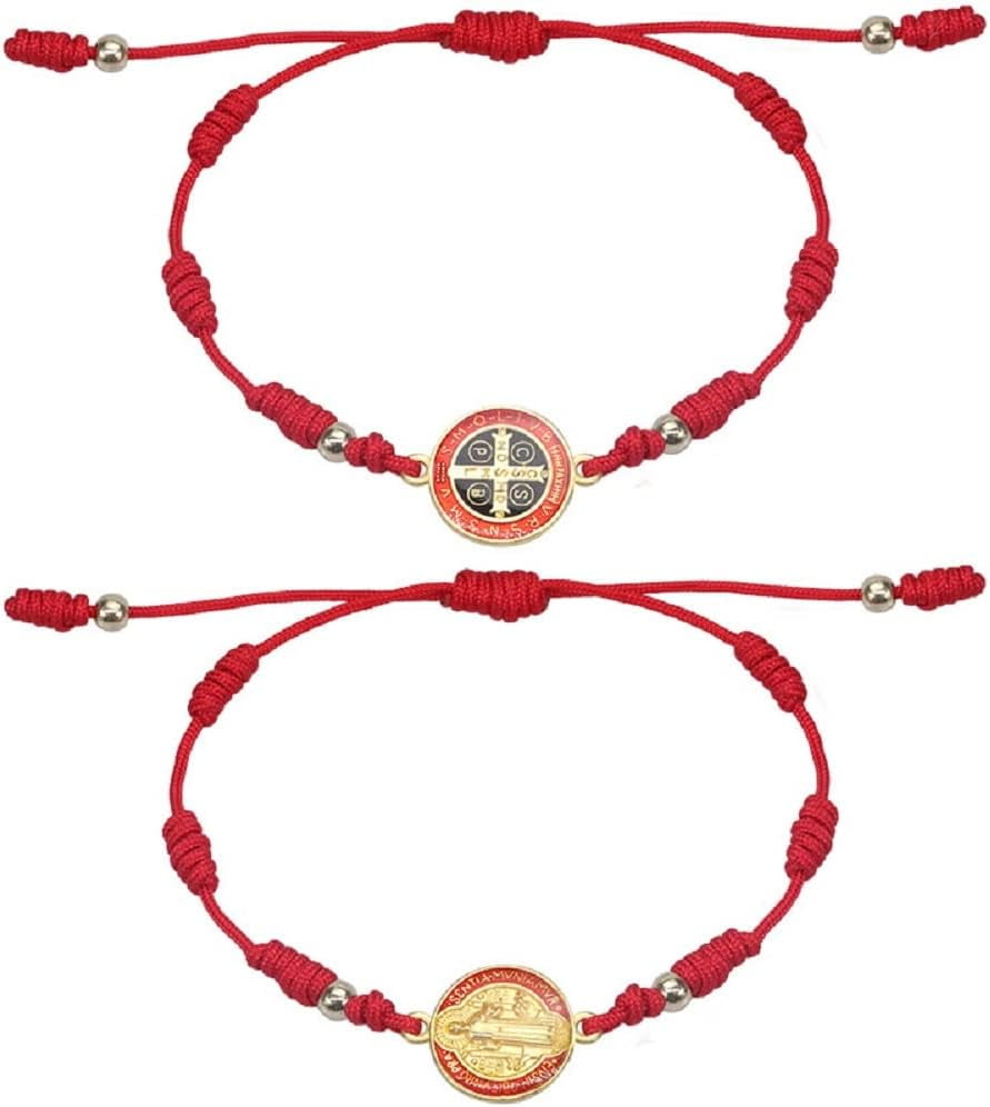 4pcs Red Knot Virgin Mary/Saint Benedict/Saint Jude String Bracelet Set ...