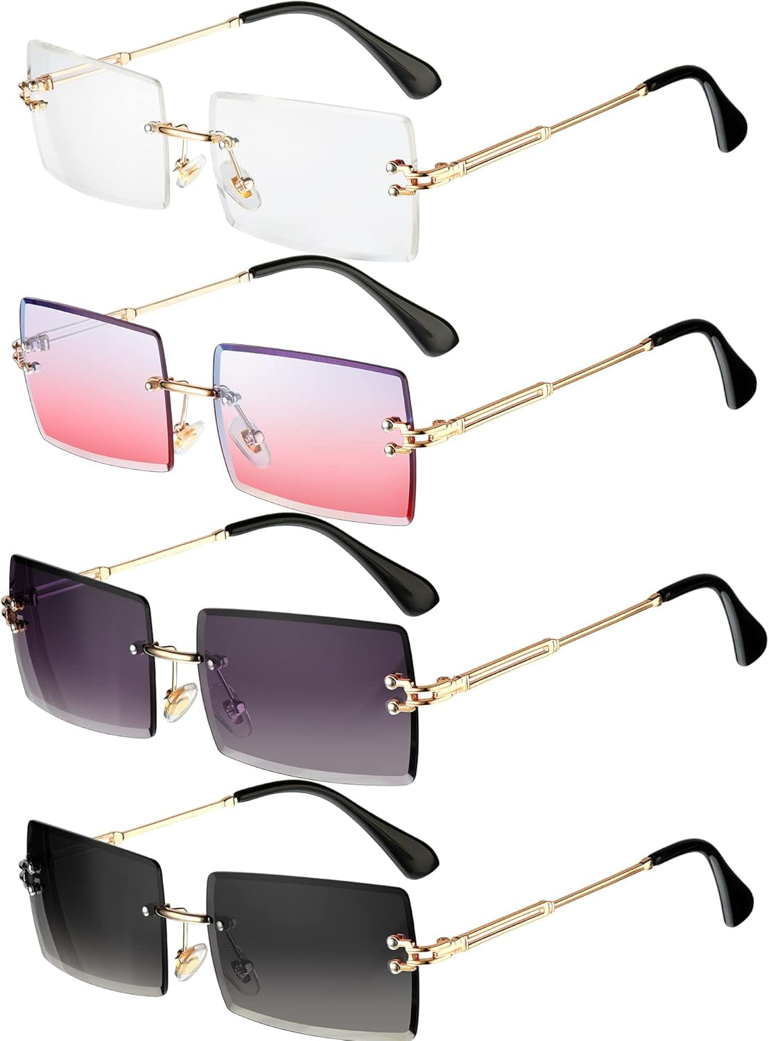 4pcs Retro Rimless Rectangle Sunglasses for Women Men, Tinted Lens Gold ...