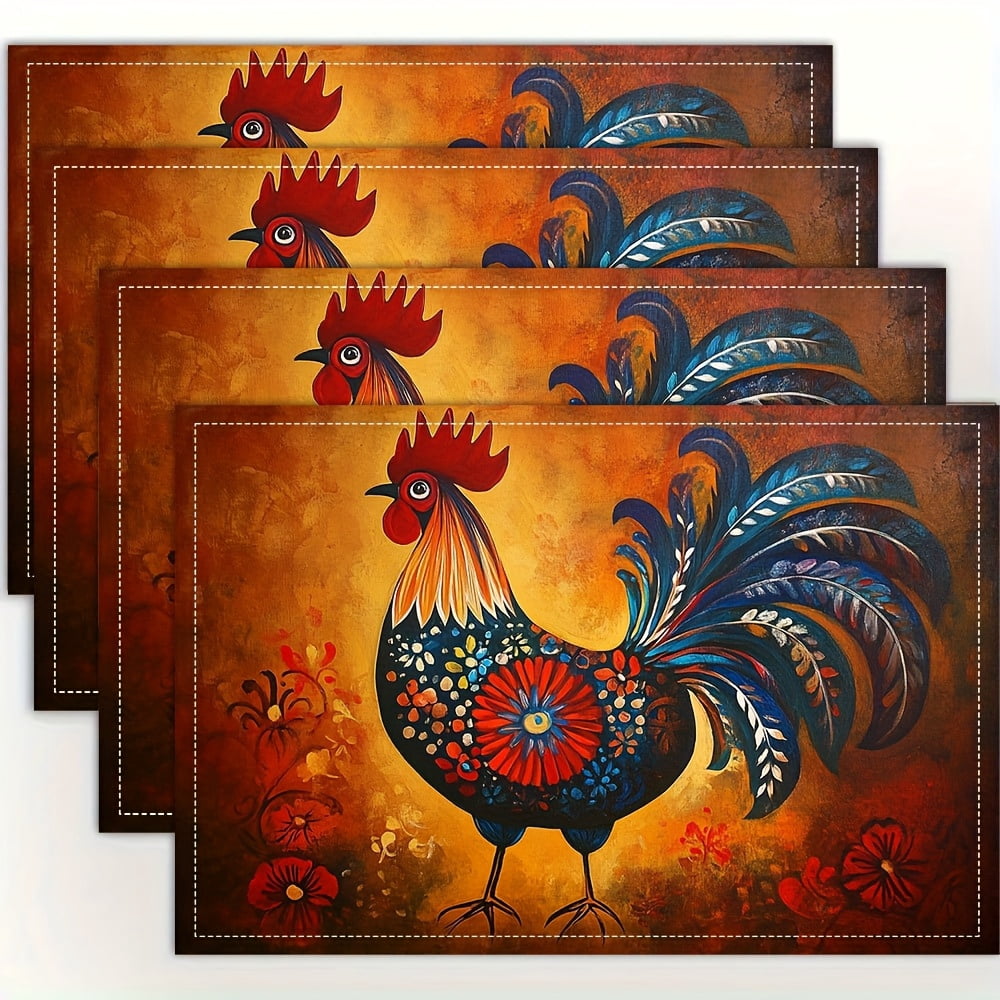 4pcs, Rooster Chicken Polish Folk Art Placemats, Fashion Print Pattern ...