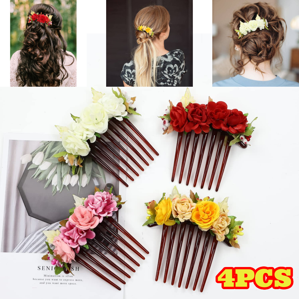 4pcs Rose Flower Hair Side Combs, 7 Teeth Floral Twist Combs Decorative ...