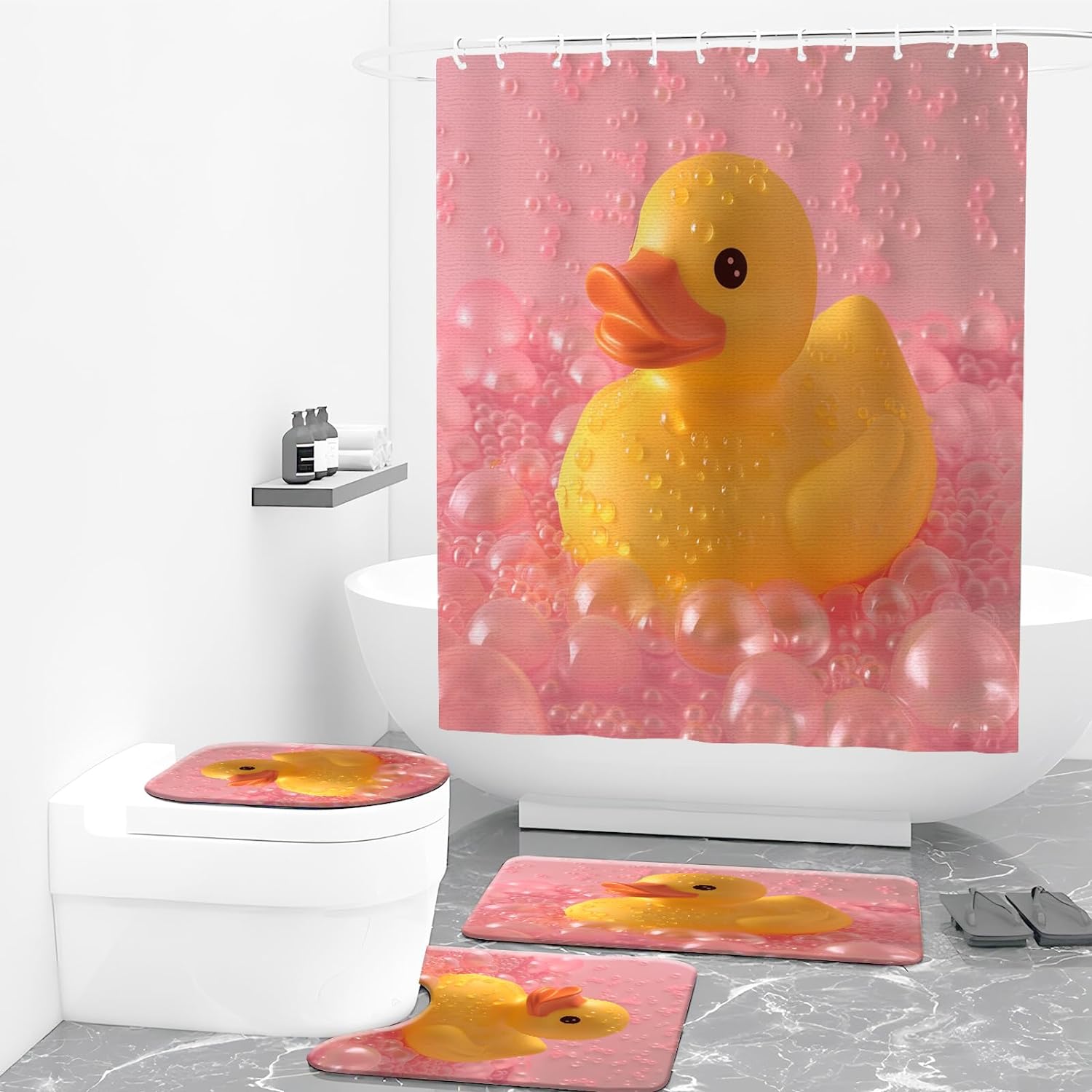 4pcs Rubber Duck Shower Curtain Sets with with 12 Hooks for Bathroom ...