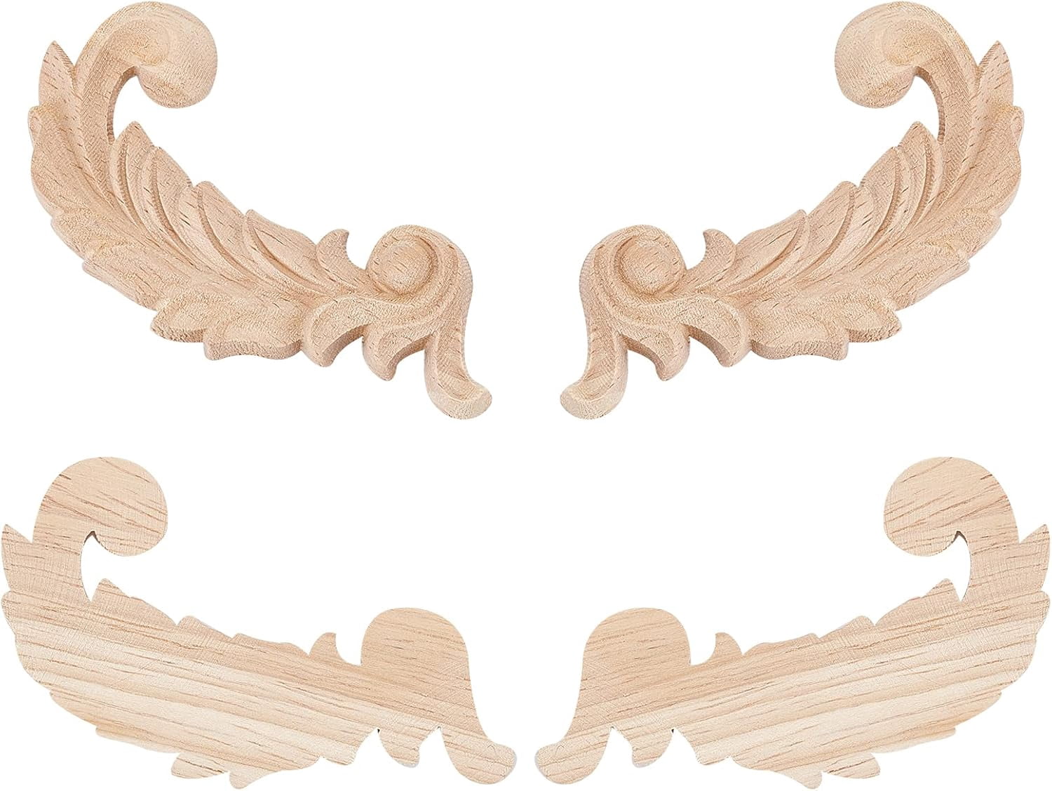 4pcs Rubber Wood Carved Applique Onlay Furniture Feather Unpainted ...