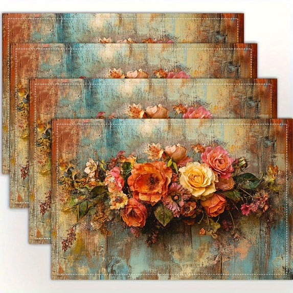4pcs, Rustic Floral Charm Art Placemats, Fashion Print Pattern Table ...