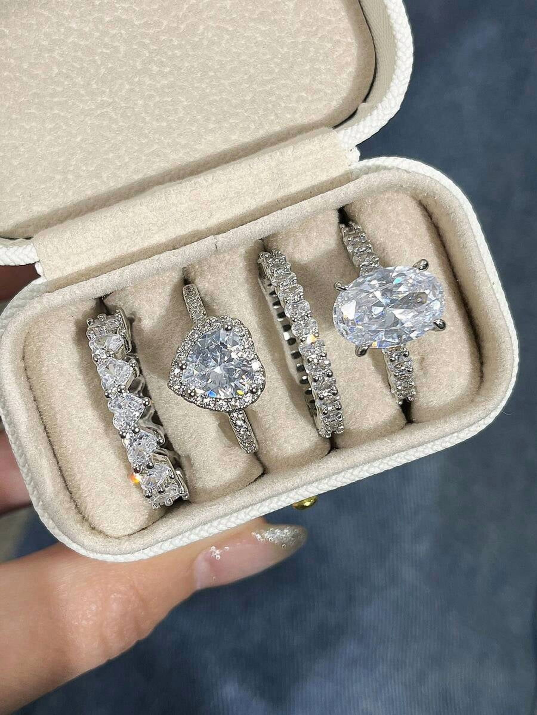 4pcs/Set Color 10 Silvertone Cubic Zirconia Ring Set In Gift Box, For ...