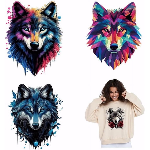 4pcs/Set PET Wolf Head Heat Transfer Stickers Watercolor Animal Iron on ...
