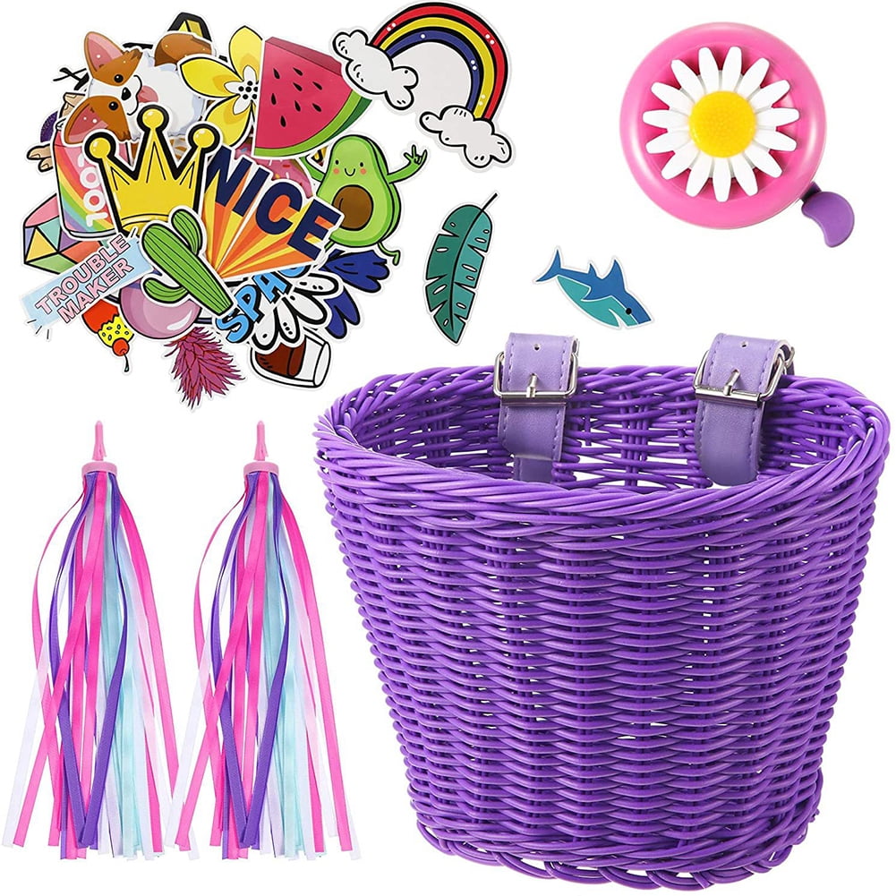 4pcs/Set Rattan Bike Basket Front for Boys and Girls, Bicycle Basket with Tassel Stickers Bike ...