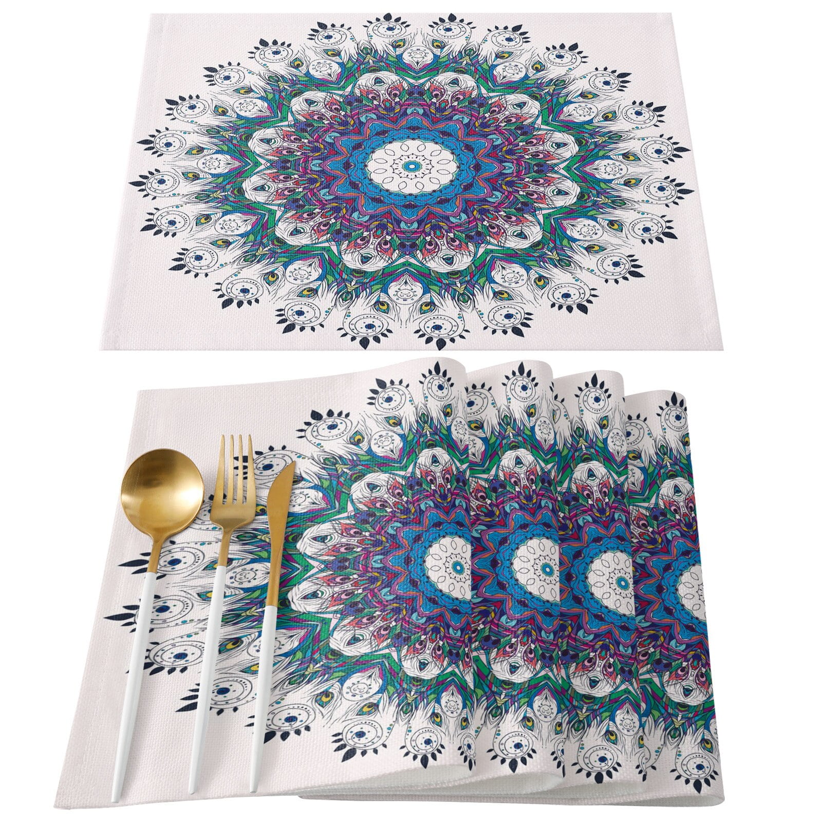 4pcs Set Table Mats Peacock Feather Art Printed Cotton Linen Table ...