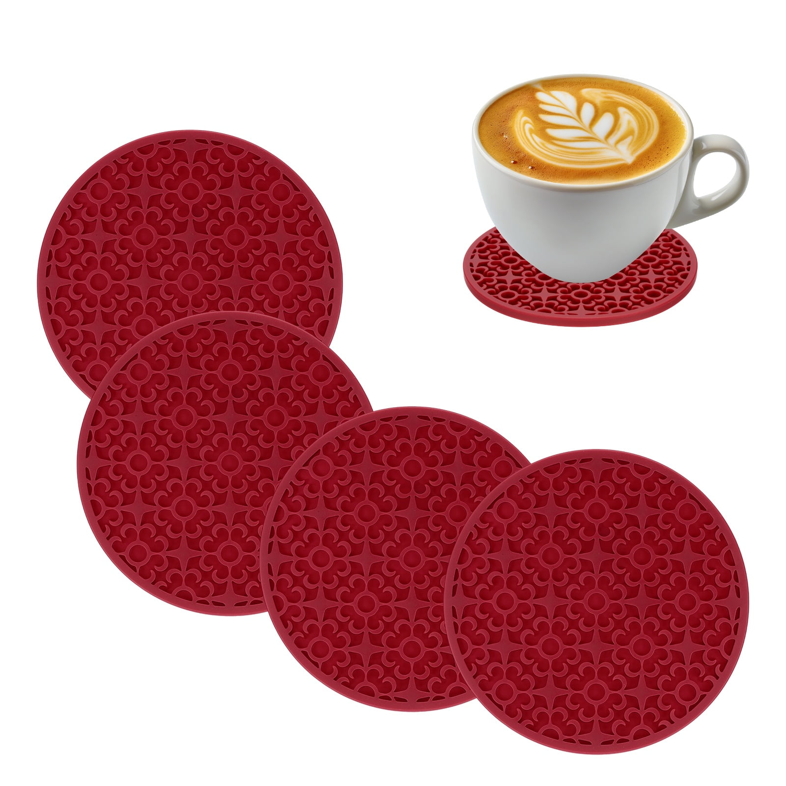 4pcs Silicone Coasters for Drinks, Round Cup Coasters Flower Pattern ...