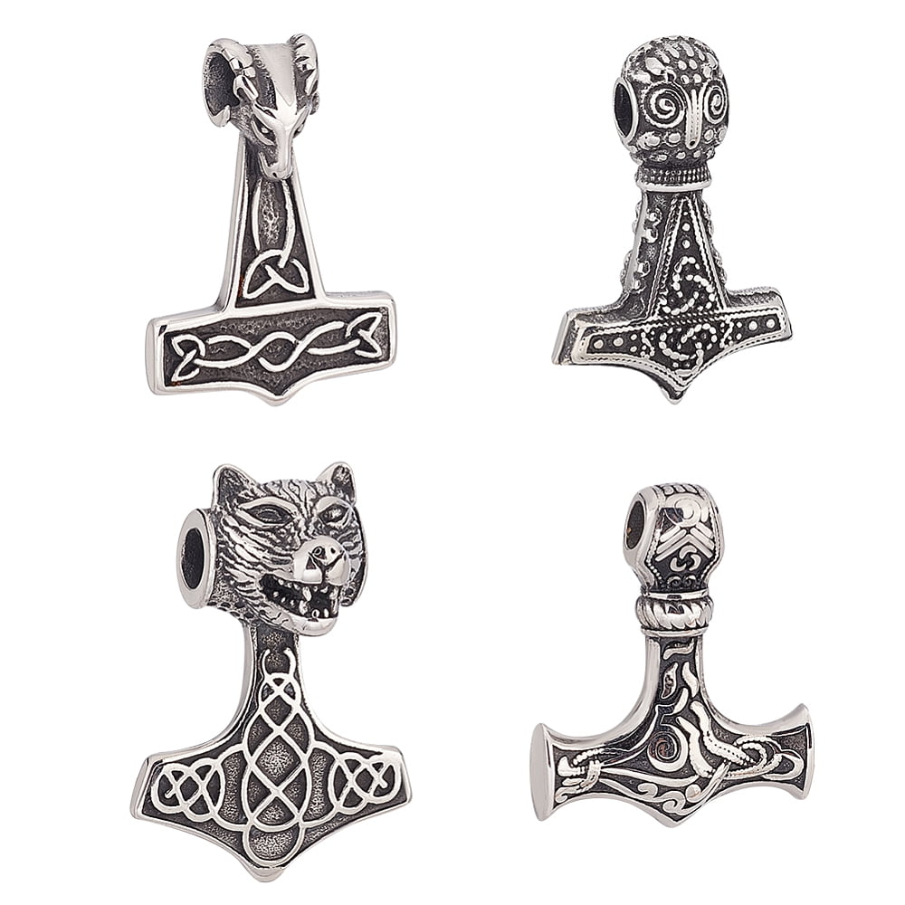 4pcs Silver Thor's Hammer Pendants 37~43mm 3 Styles Vintage Norse ...